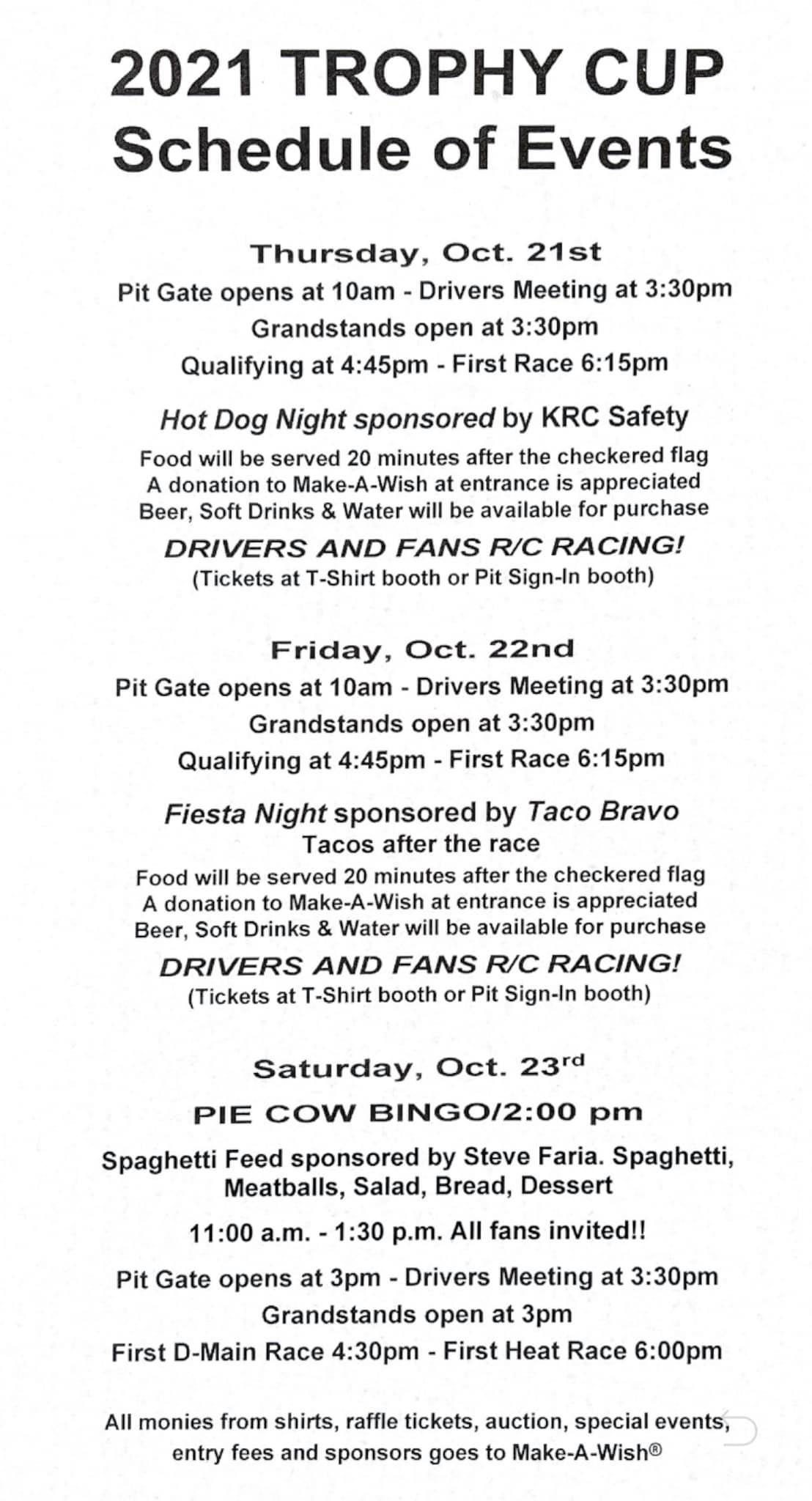 Special event schedule for the Trophy Cup – Thunderbowl Raceway